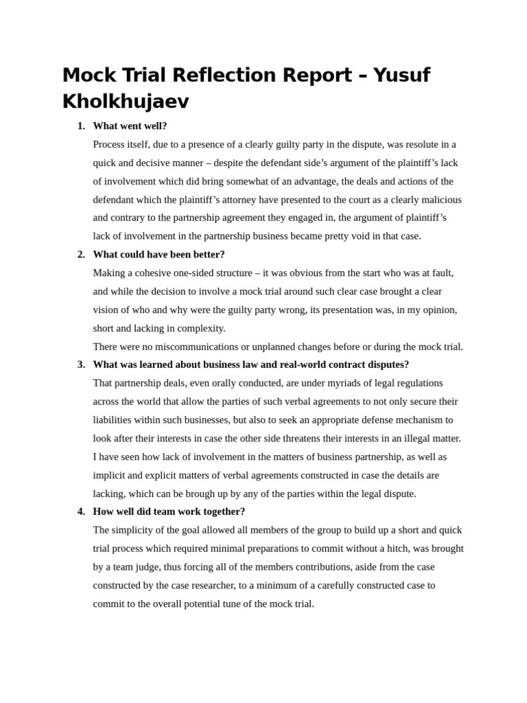 Mock Trial Reflection Report - Yusuf Kholkhujaev | PDF
