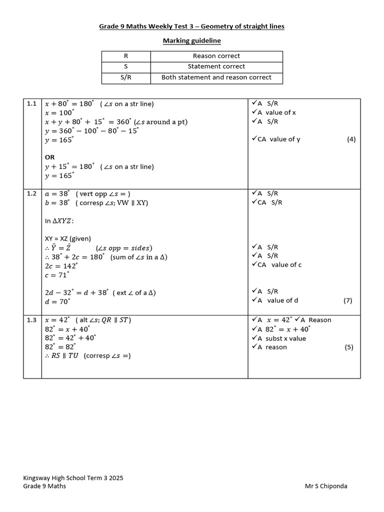 Grade 9 Maths Weekly Test 3 Term 3 2025 Memo | PDF