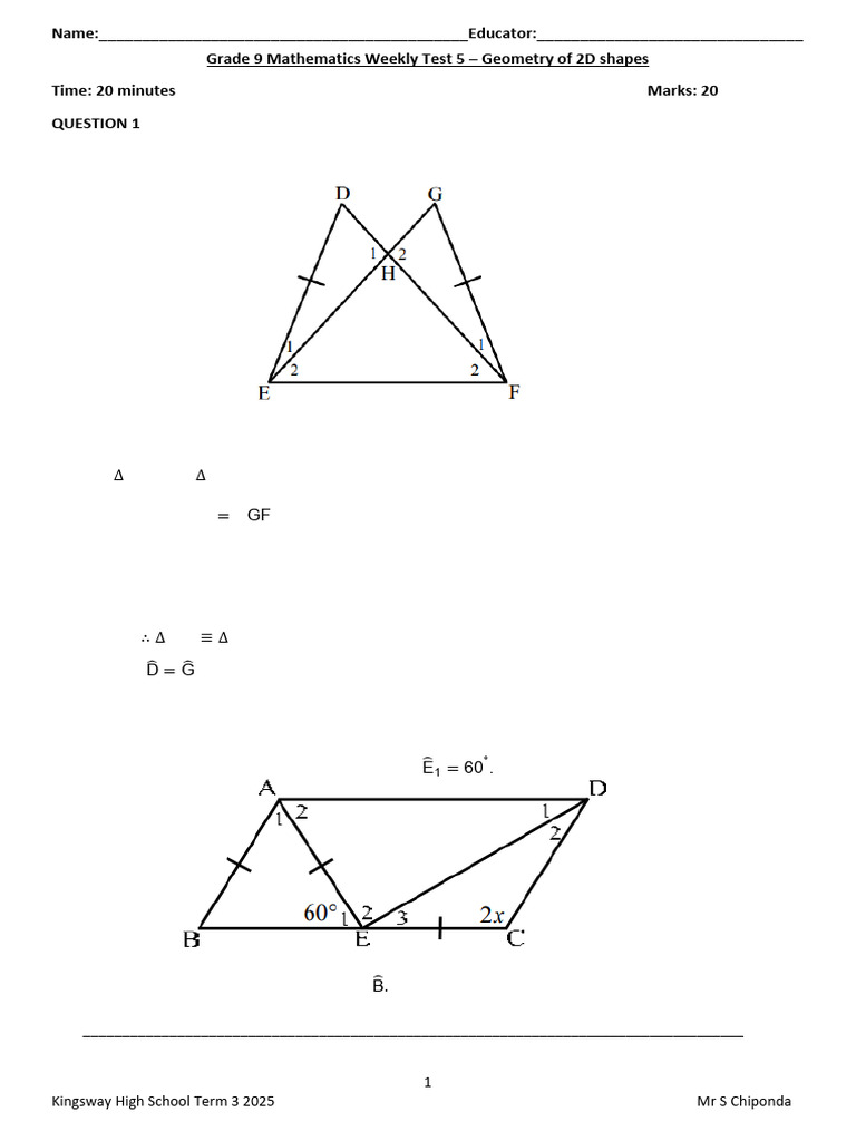 Grade 9 Geometry Weekly Test 5 | PDF