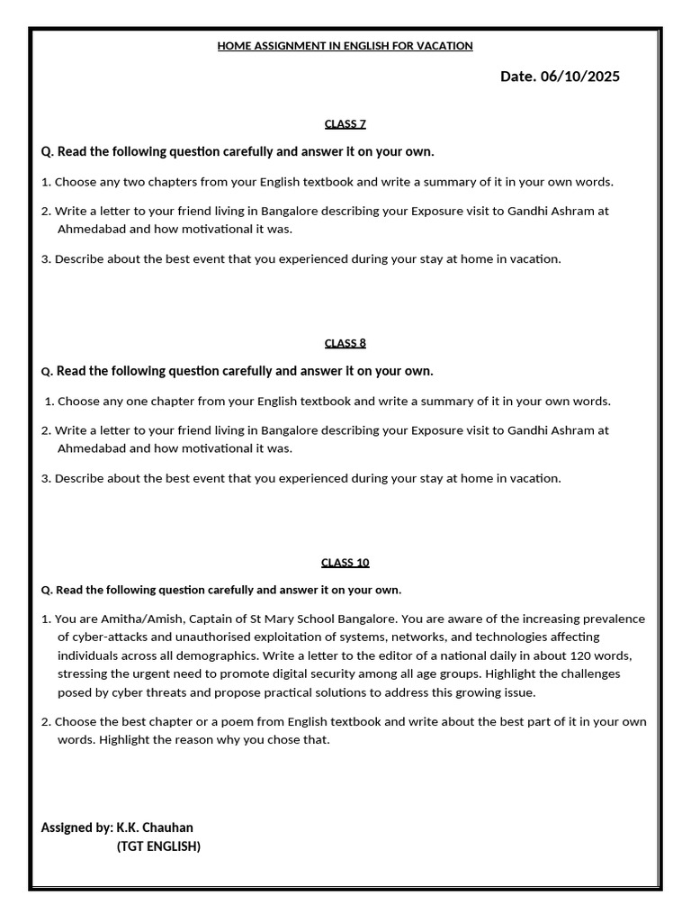 Assignment For Vacation | PDF