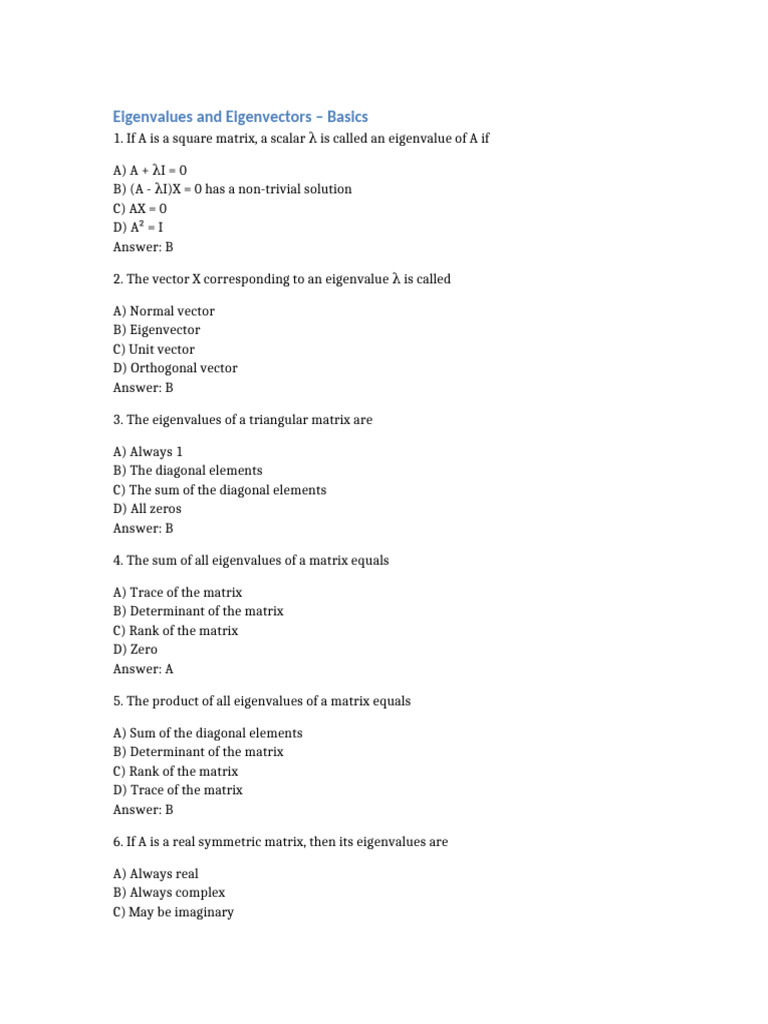 Eigenvalues CayleyHamilton QuadraticForms Objective Questions | PDF ...
