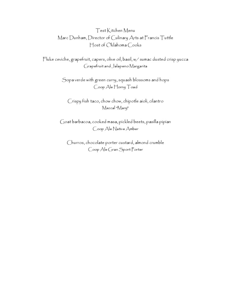 Test Kitchen Menu by Marc Dunham | PDF | Cooking, Food & Wine | Wellness