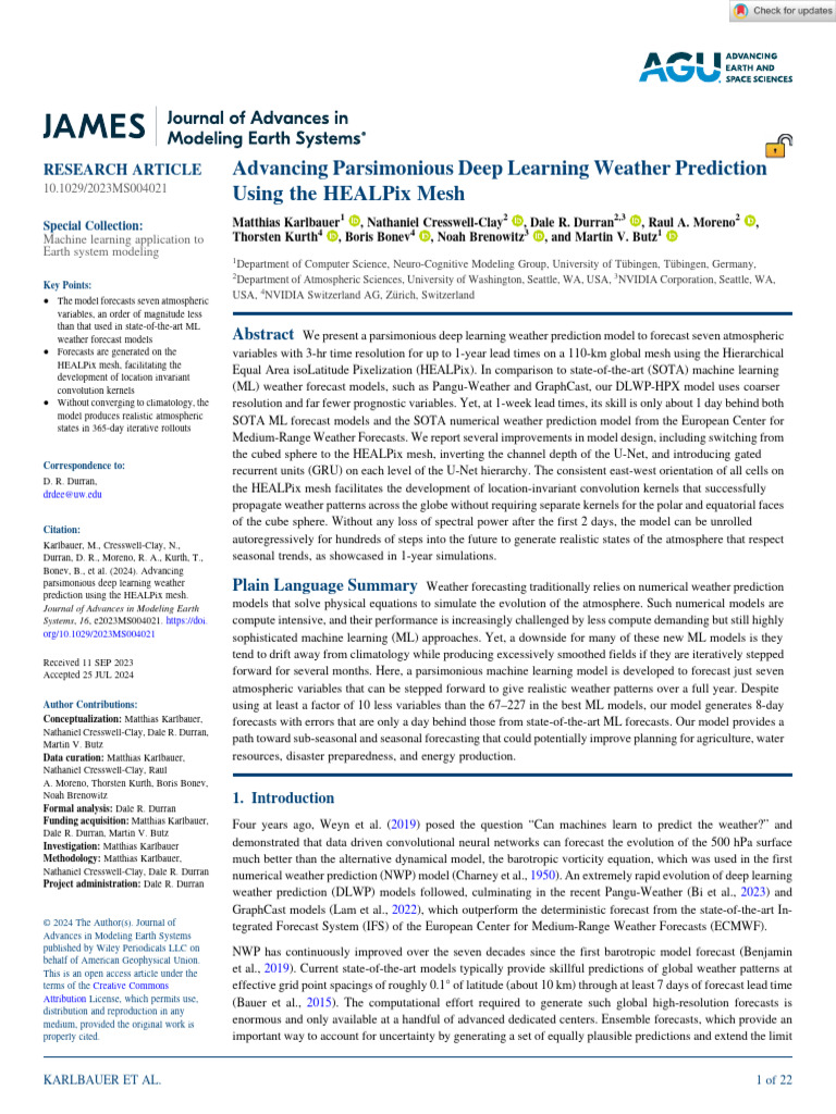 J Adv Model Earth Syst - 2024 - Karlbauer - Advancing Parsimonious Deep Learning Weather ...