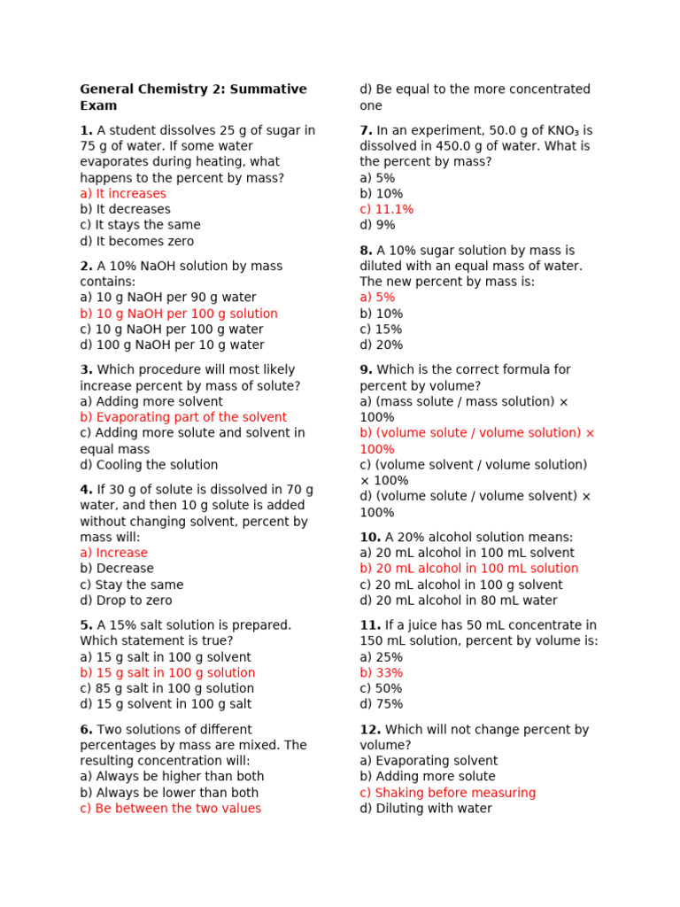 Chemistry Exam: Solutions & Concentrations | PDF | Titration | Chemistry