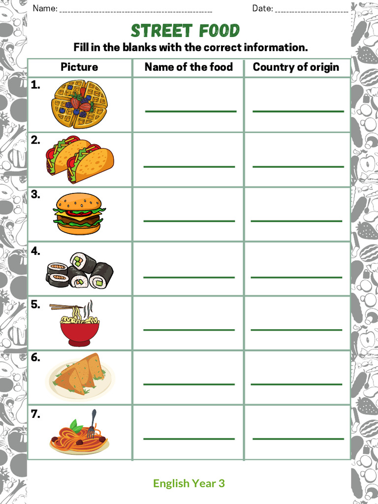 Year 3 Street Food Worksheet | PDF