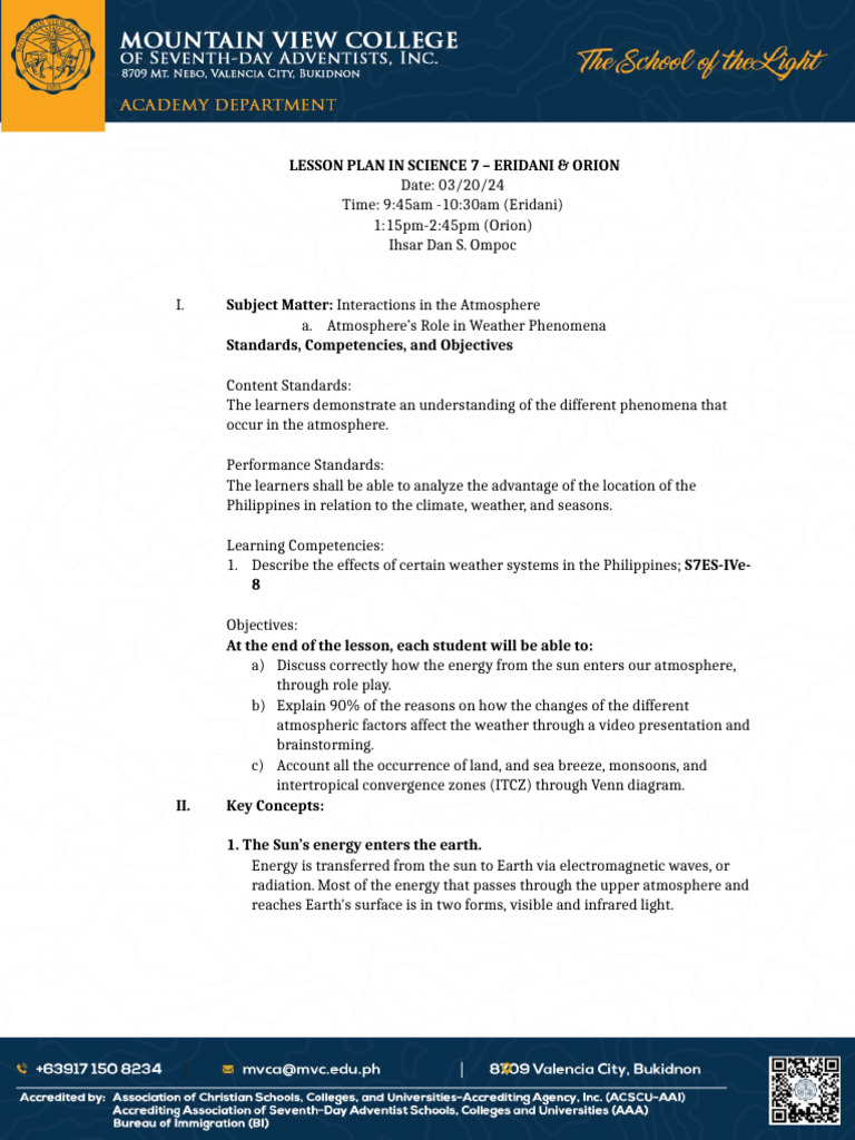 Science 7 Lesson Plan: Atmosphere Interactions | PDF | Weather ...