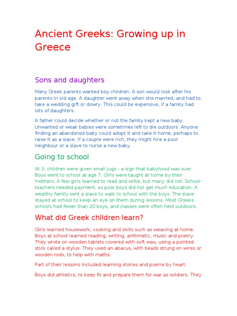 Ancient Greeks: Growing Up in Greece: Sons and Daughters | PDF ...