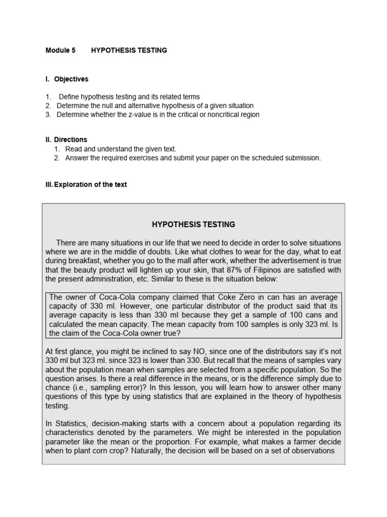 Module 4 Hypothesis Testing | PDF | Type I And Type Ii Errors | Hypothesis