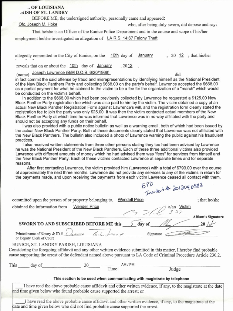 Police Affidavit - Joseph Lawrence3 | Fraud | Affidavit