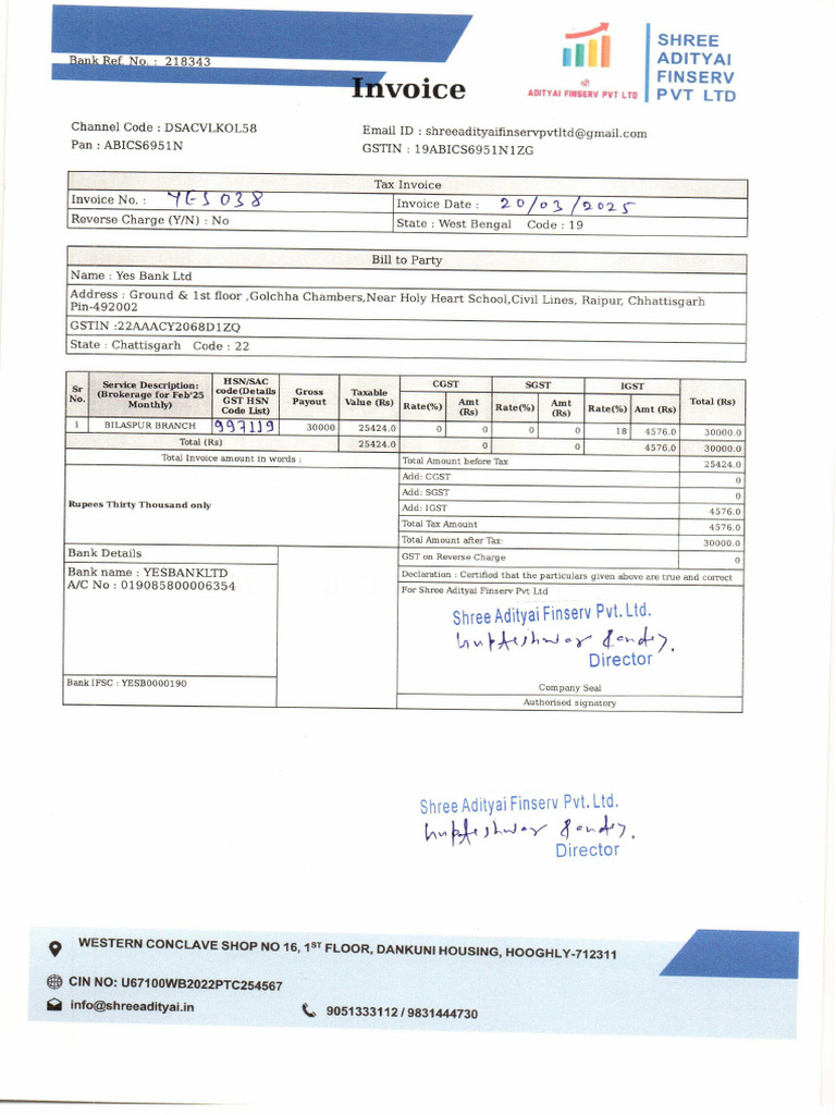 Yes Bank Invoice Mar25 | PDF