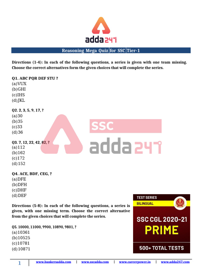 SSC CGL Reasoning Mega Quiz Series | PDF