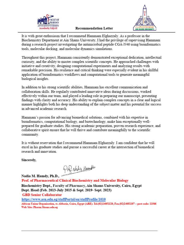 Hammam Elghazzaly Recommendation Letter 1 Dr. Nadia M. Hamdy | PDF