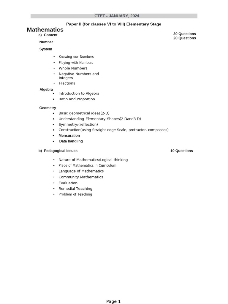 CTET Maths Syllabus | PDF
