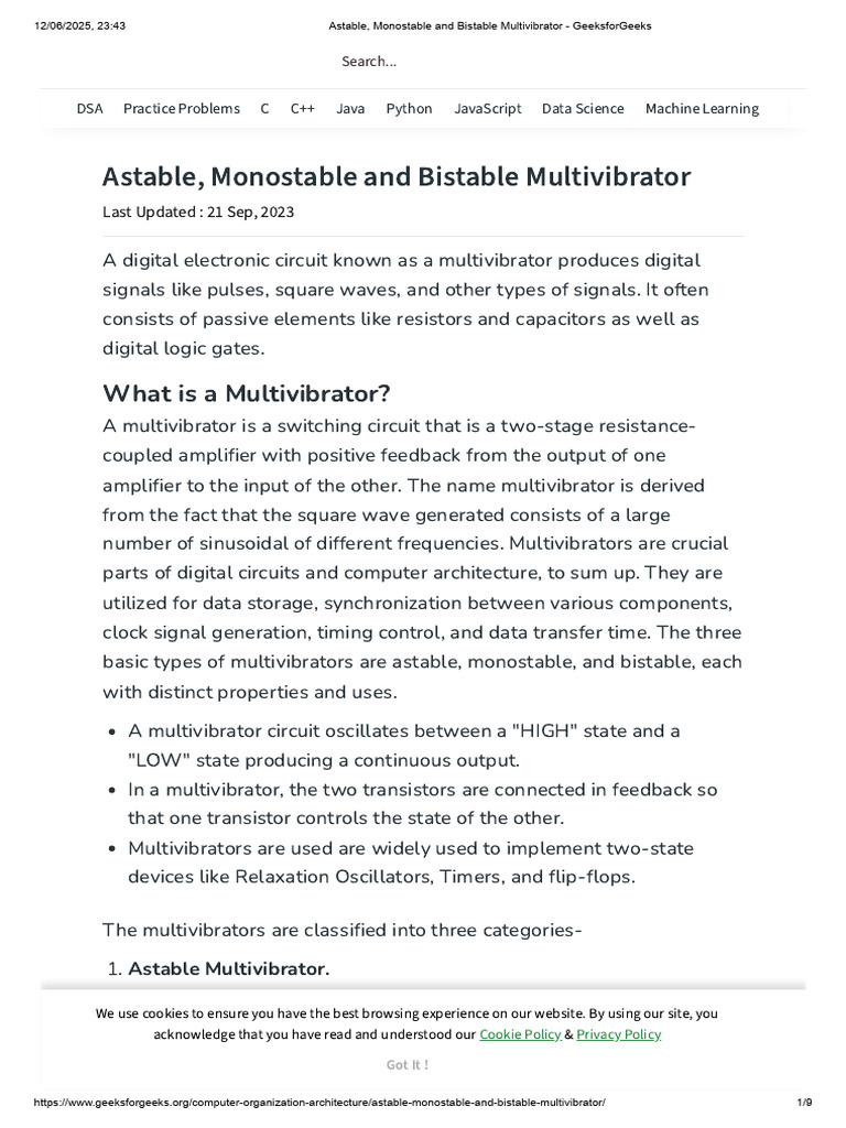 Astable, Monostable and Bistable Multivibrator - GeeksforGeeks | PDF ...