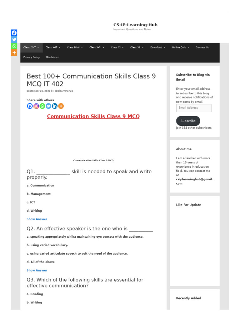 Class 9 Communication Skills MCQs | PDF | Communication | Nonverbal ...