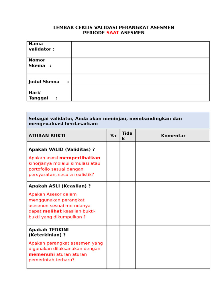 Ceklis Validasi Perangkat Asesmen | PDF