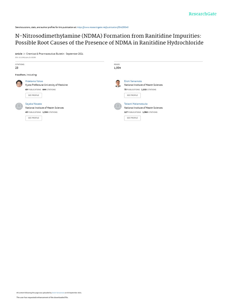 N-Nitrosodimethylamine NDMA Formation From Ranitid | PDF | High ...