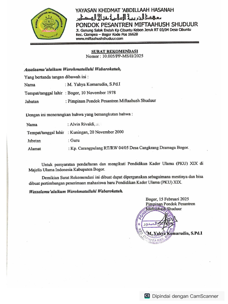 Surat Rekomendasi Utusan Ponpes | PDF