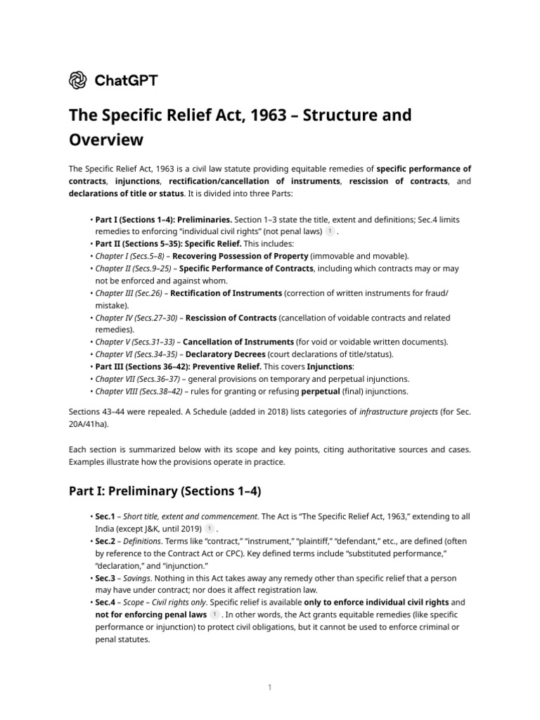 The Specific Relief Act, 1963 - Structure and Overview | PDF | Legal Remedy | Injunction