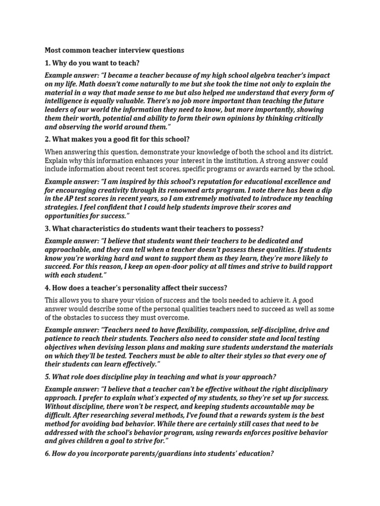 Most Common Teacher Interview Questions | PDF | Teachers | Disciplines