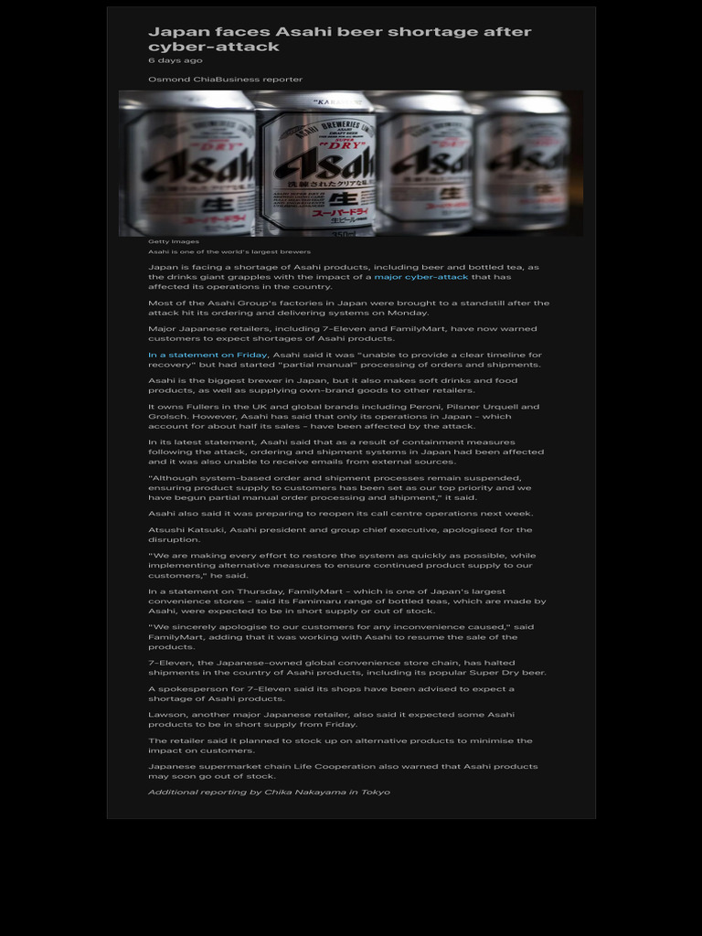 Asahi Beer Shortage in Japan After Cyber-Attack | PDF