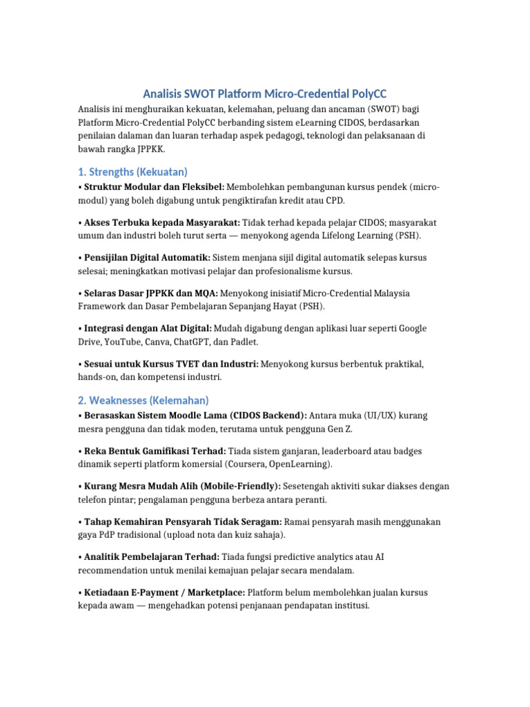 Analisis SWOT Microcredential PolyCC | PDF