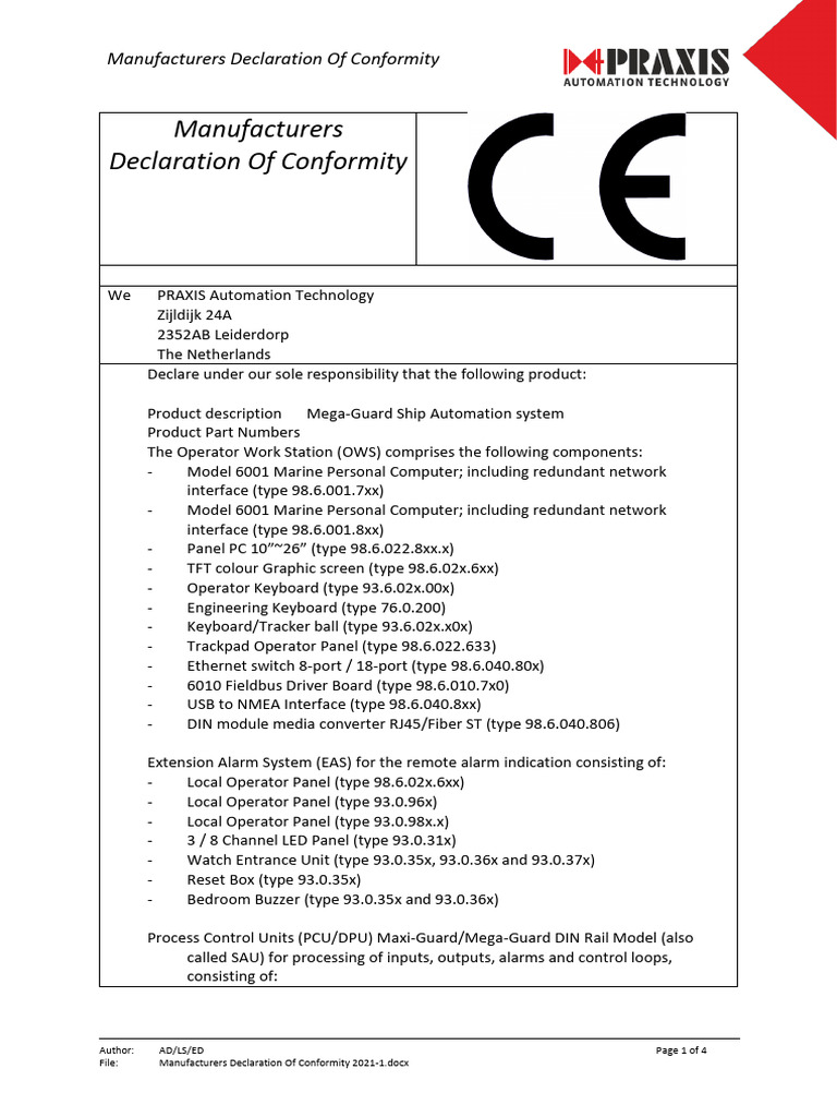 Manufacturers Declaration of Conformity 2021-1 | PDF | International ...