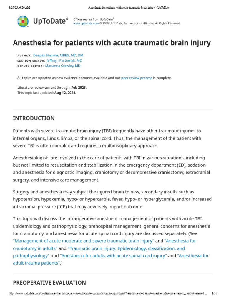 Anesthesia For Patients With Acute Traumatic Brain Injury UpToDate ...