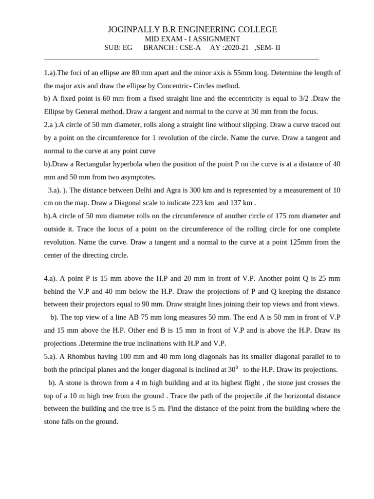 Engineering Drawing Assignments CSE-A | PDF | Ellipse | Circle