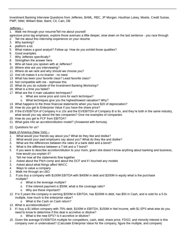 IB Interview Questions | PDF | Equity (Finance) | Mergers And Acquisitions