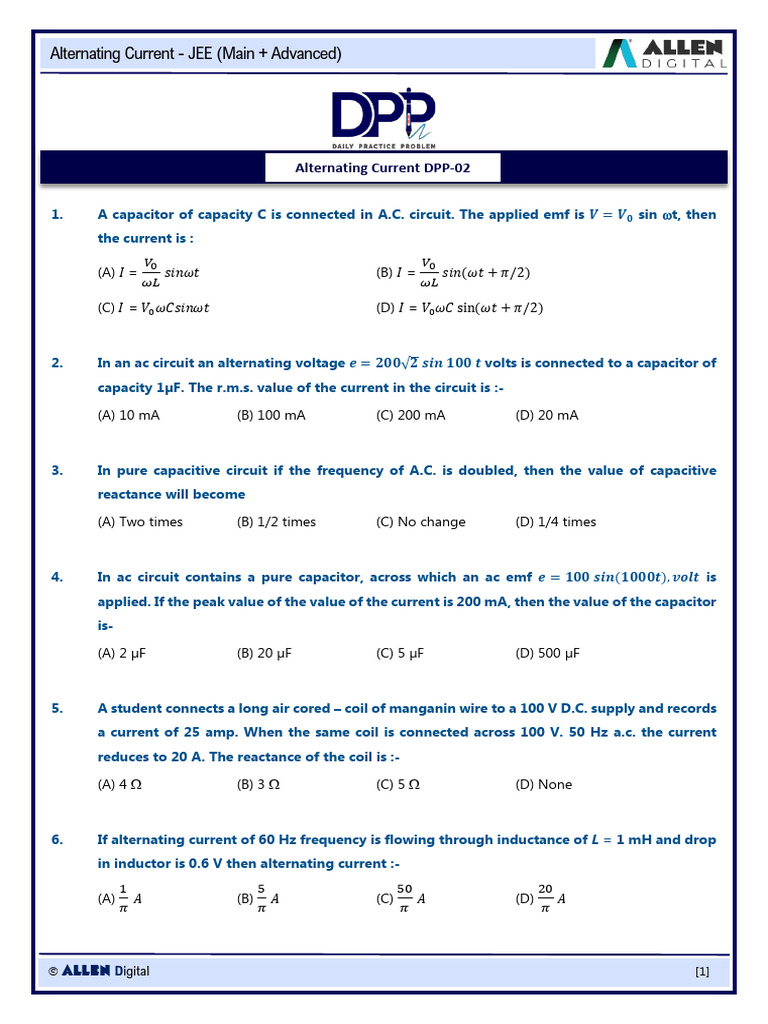 Alternating Current DPP - S - 2 | PDF | Electrical Network | Inductor