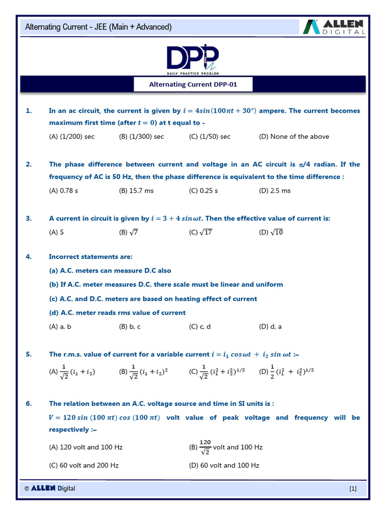 Alternating Current DPP - S - 1 | PDF | Alternating Current | Root Mean Square