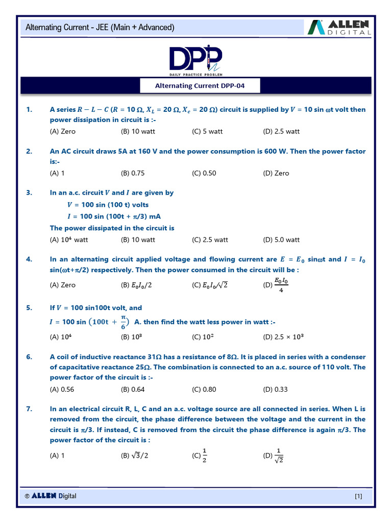 Alternating Current DPP - S - 4 | PDF | Series And Parallel Circuits ...