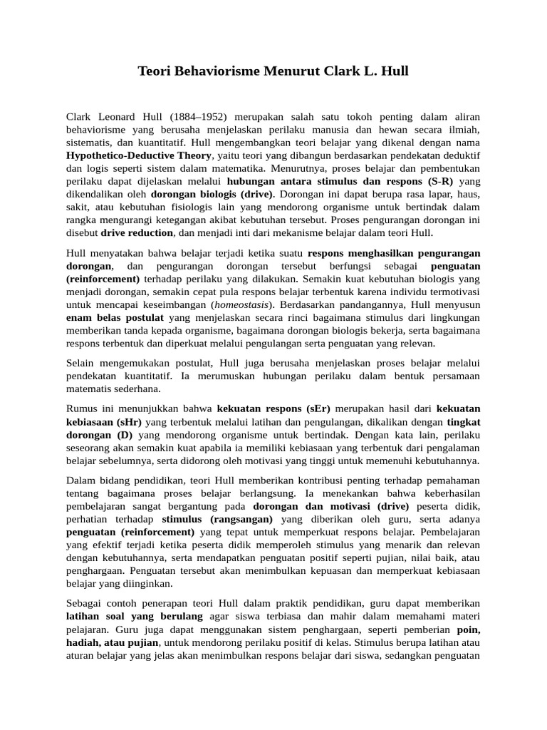 Teori Behaviorisme Menurut Clark L. Hull | PDF