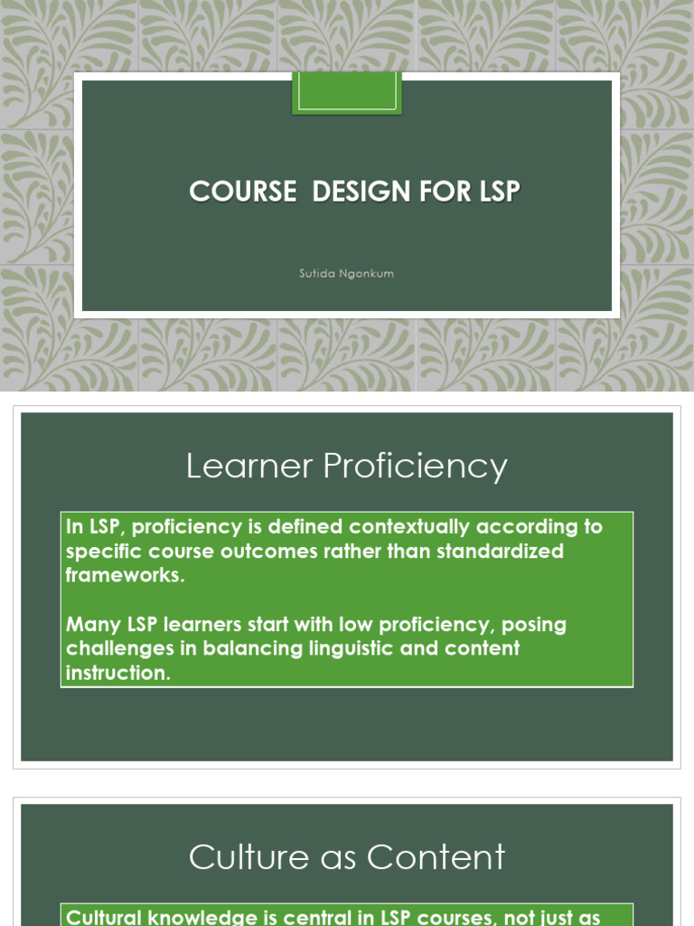 LSP Course Design Strategies and Methods | PDF | Teaching Method | Learning