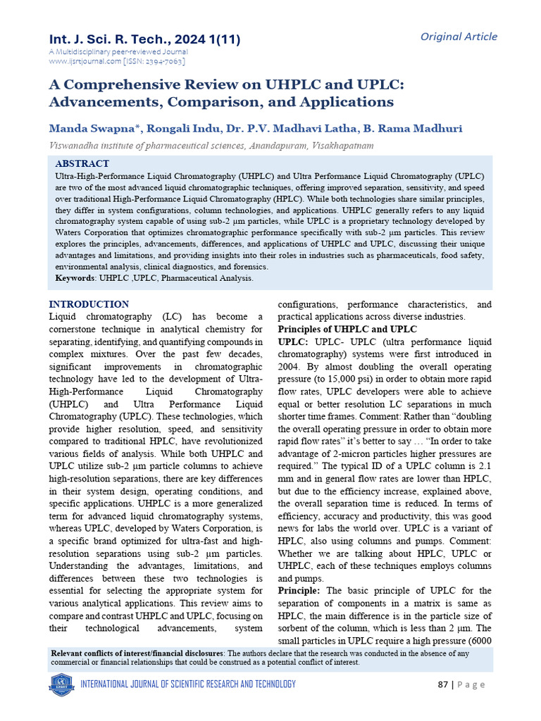 A Comprehensive Review On UHPLC and UPLC Advancements Comparison and ...