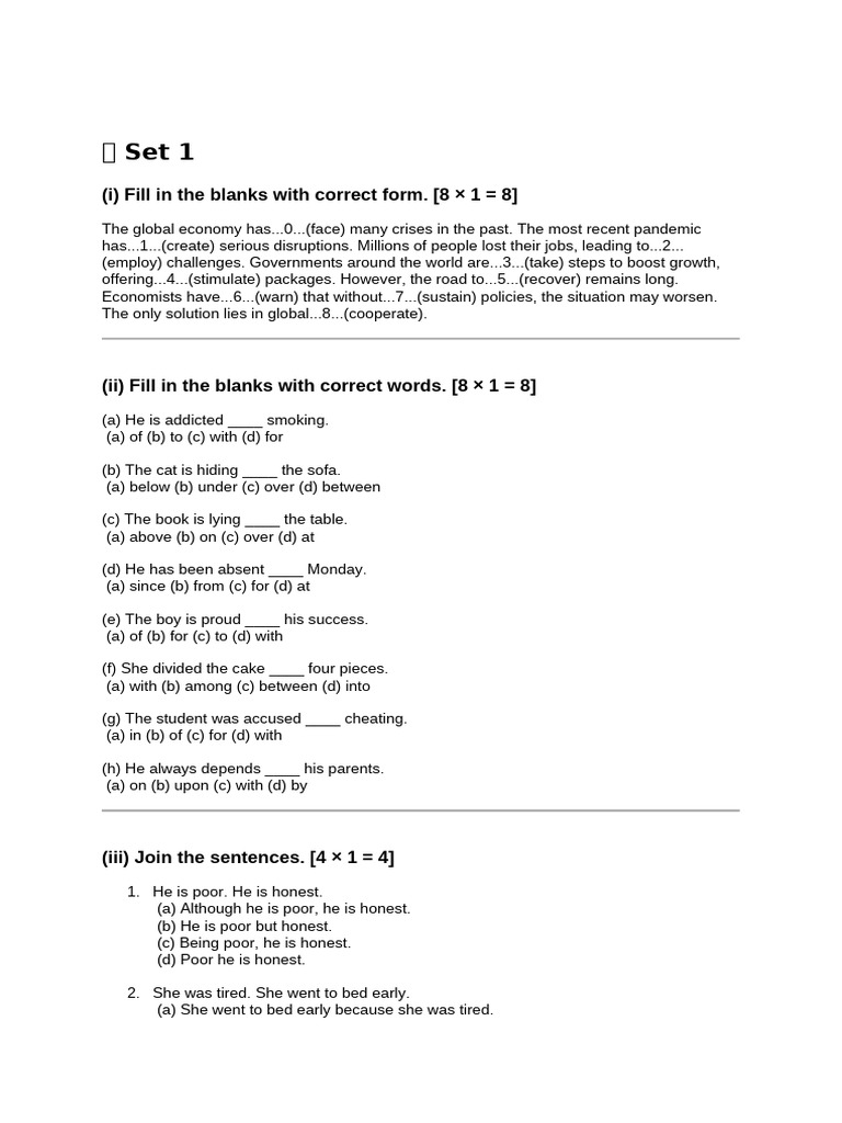 10th Eng 1 MCQs - Tenses, Preposition, Joining of Sentences and Choose The Option According To ...