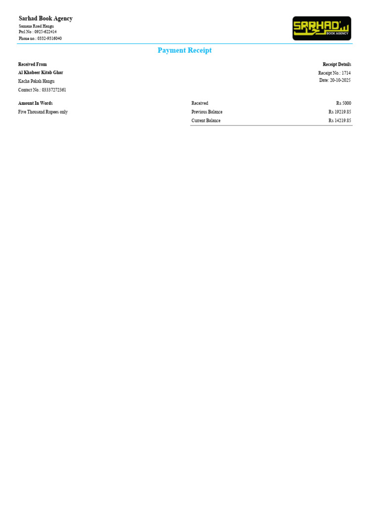 Payment Receipt from Sarhad Book Agency | PDF