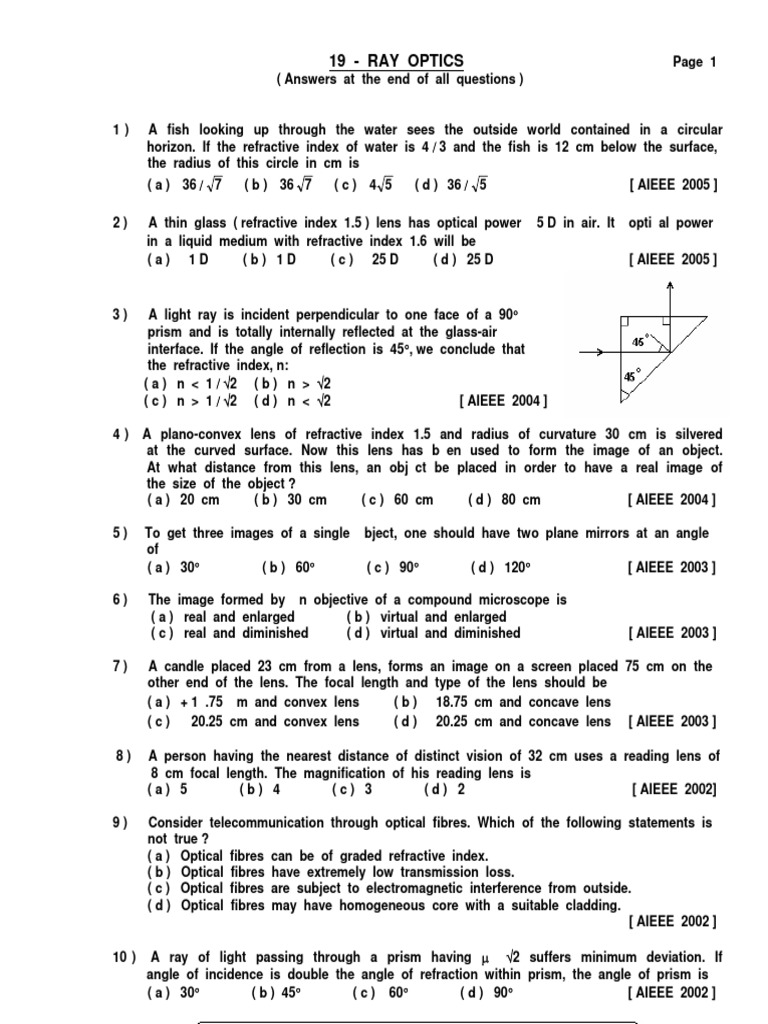 Physics Ray Optics MCQ | PDF | Optics | Mirror