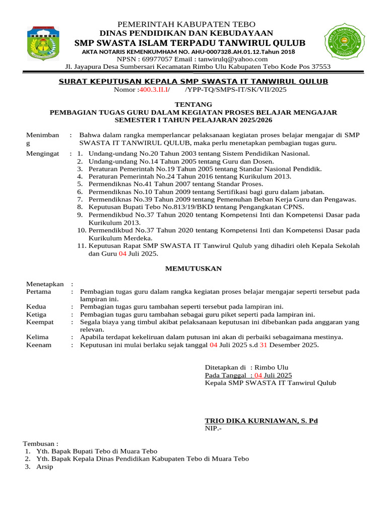 SK Pembagian Tugas 2025-2026 Semester Ganjil | PDF