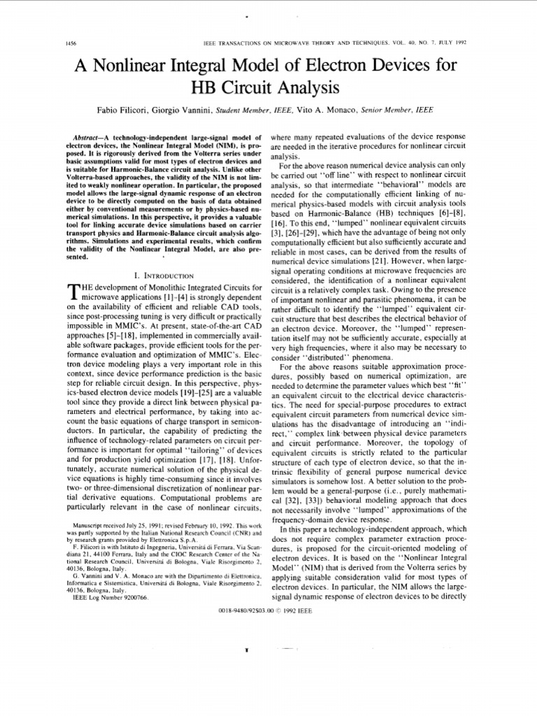 A Nonlinear Integral Model of Electron Devices For HB Circuit Analysis ...