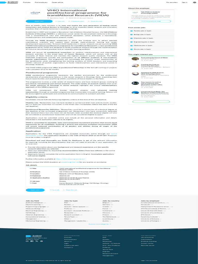 Vhio Interna Onal Postdoctoral Programme For Transla Onal Research ...
