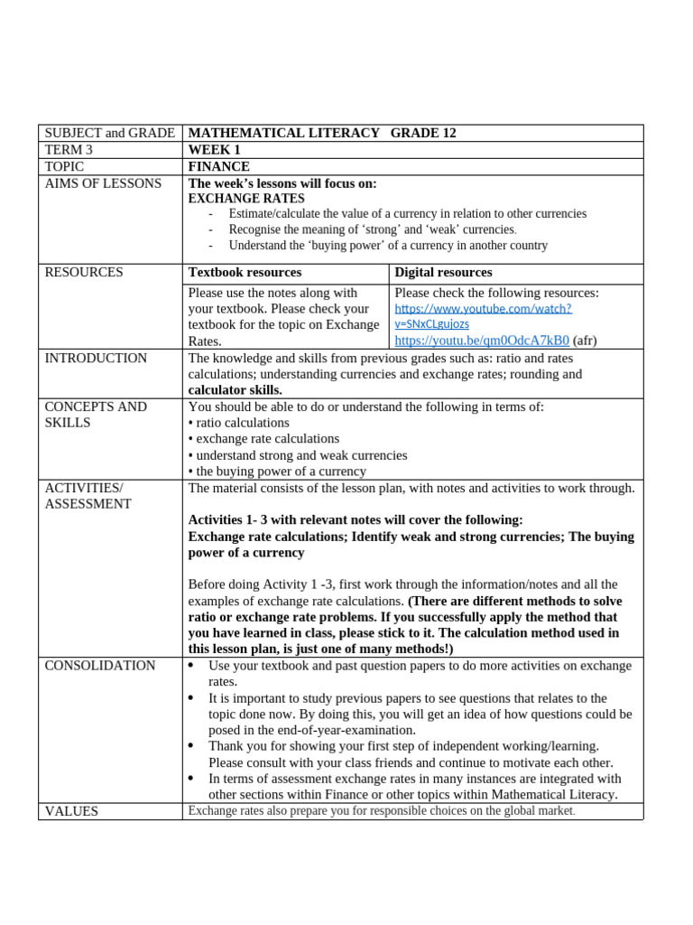 Grade 12 Finance: Exchange Rates Guide | PDF | United States Dollar ...