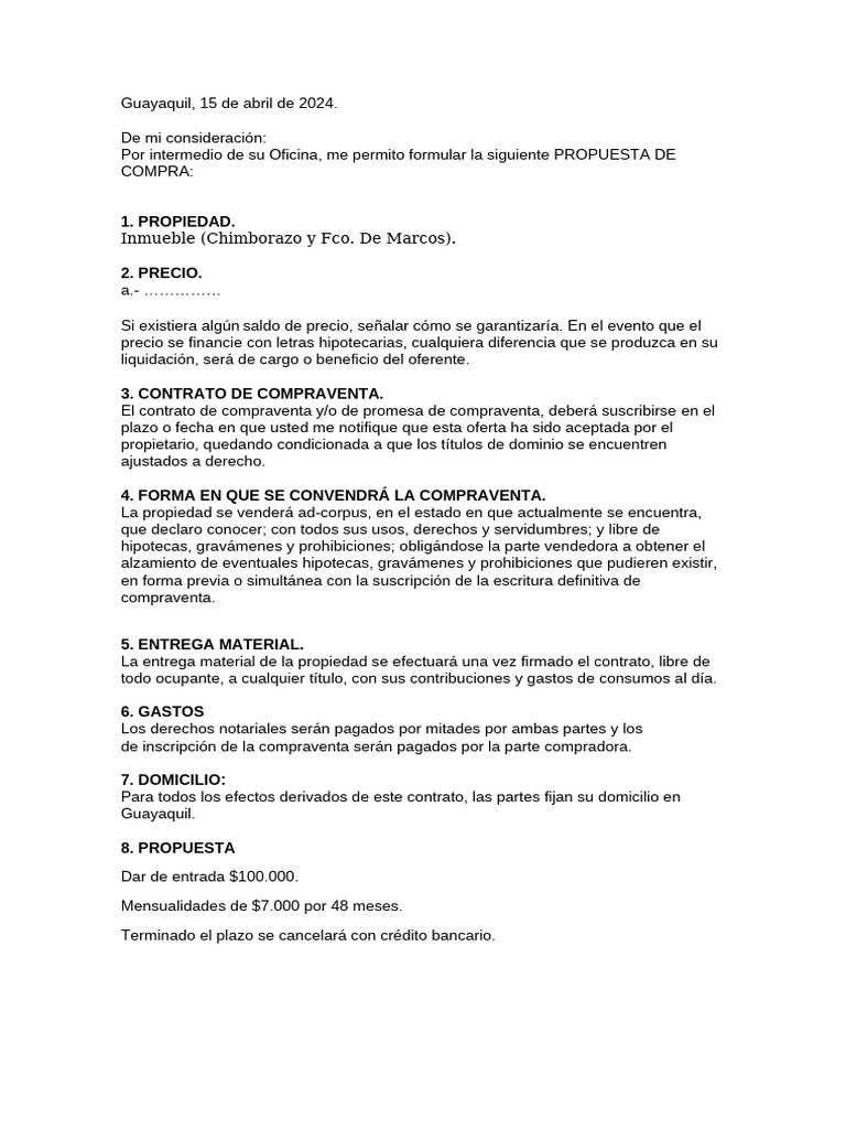 Propuesta de Compra de Inmueble en Guayaquil | PDF
