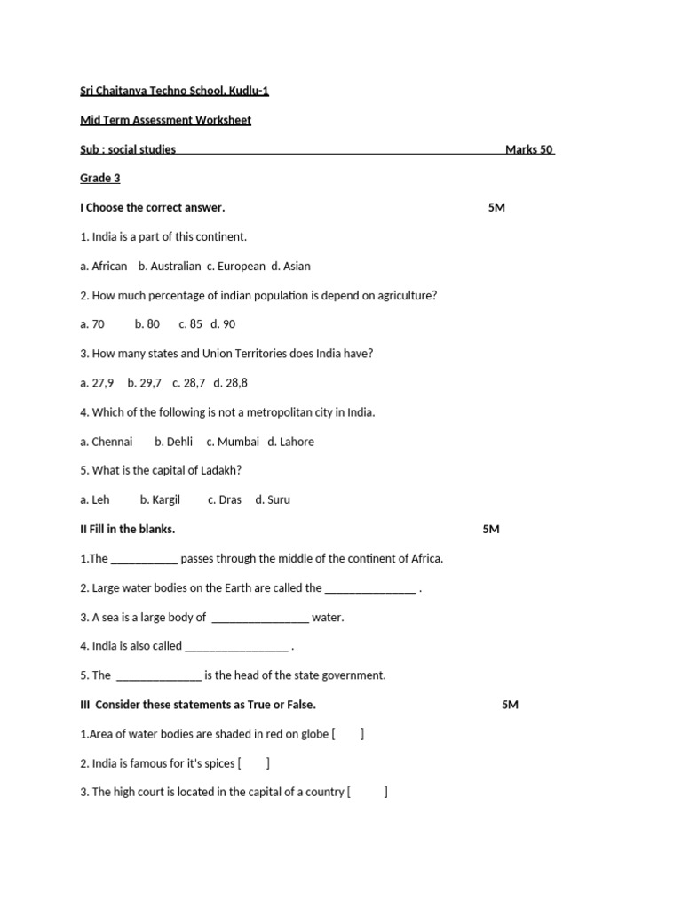 Grade 3 Social Science Mid Term Worksheet | PDF | Continent | Earth ...