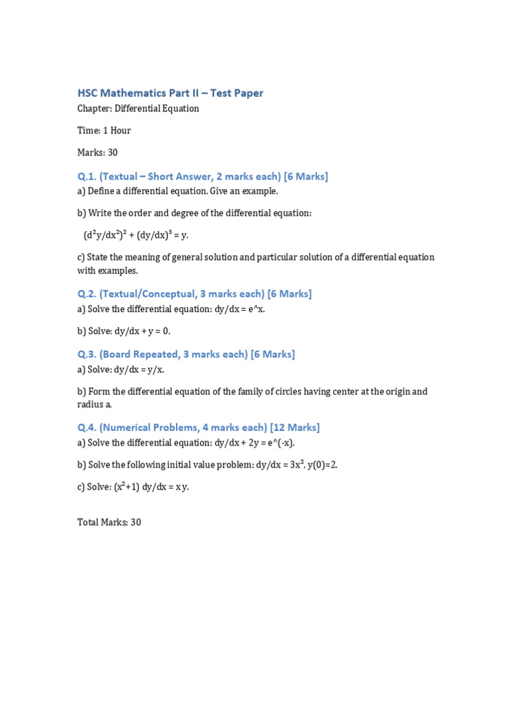 HSC Differential Equations Test Paper | PDF