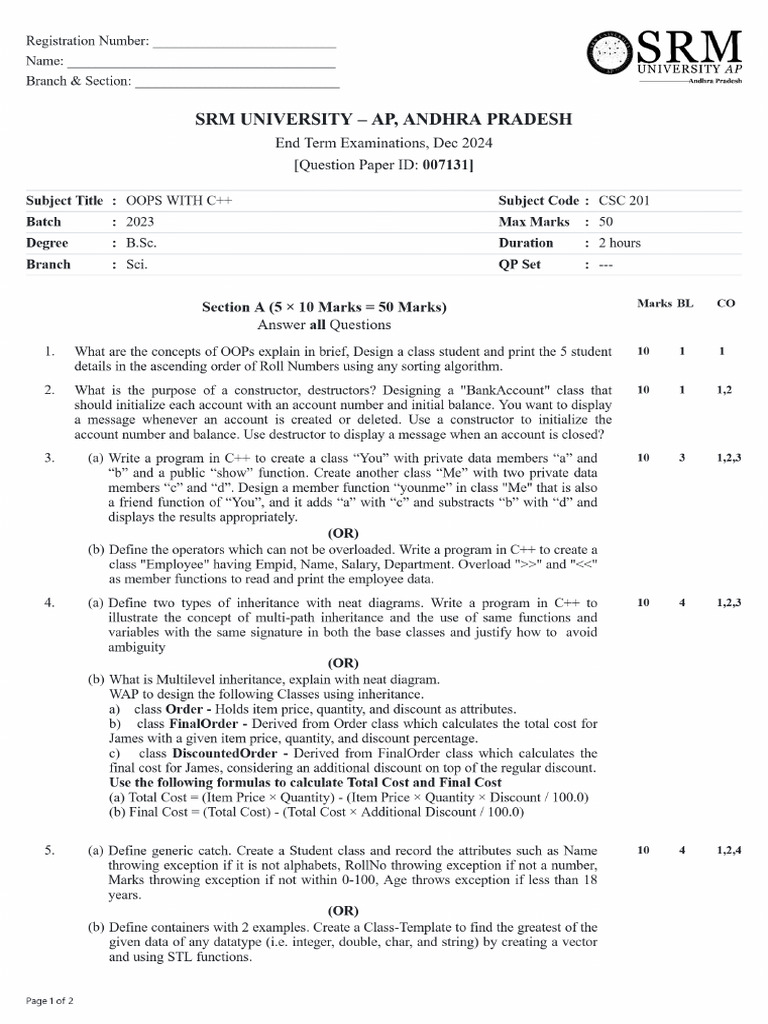 Seas Cse CSC 201 Oops With C End Term Examination Dec 20241 | PDF