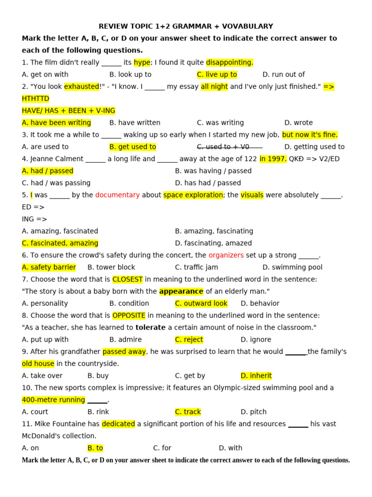 Review Topic 1+2 Vocab + Grammar k11 | PDF