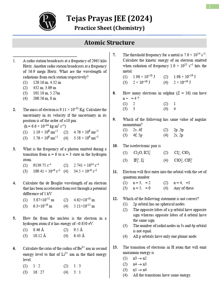 316 Atomic Structure Practice Sheet Prayas JEE 2024『??? ????? | PDF ...