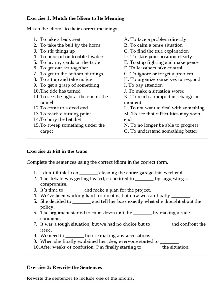 Idioms Exercises Problems | PDF